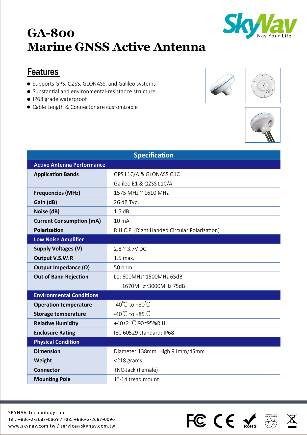 Marine GPS Antenna / GA-800 - SKYNAV Technology Inc.- AIS/GPS/GSM ...